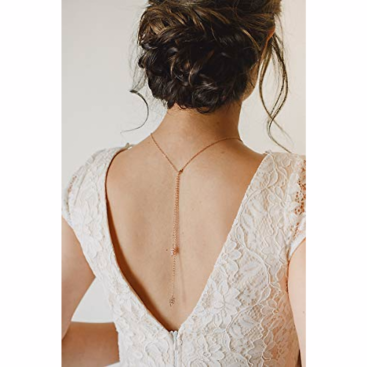 SWEETV Rose Gold Simple Wedding Back Necklace for Brides Bridesmaid, Bridal Backdrop Necklace, Crystal Leaf Chain Pendant Necklace for Women Prom