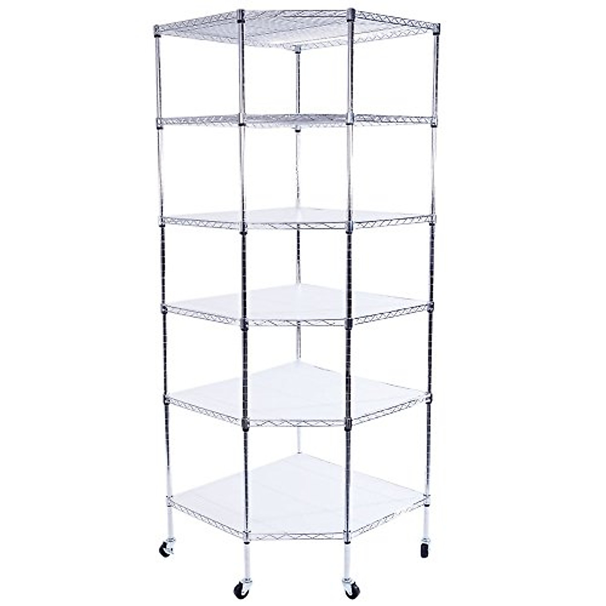 6 Tiers Free Standing Corner Shelf with Wheels, Metal Storage Wire Shelving Unit Corner Storage Rack Display for Restaurant，Living Room, Bathroom, Pantry，Kitchen 26.77" x 26.77" x 70.87" (Silver)
