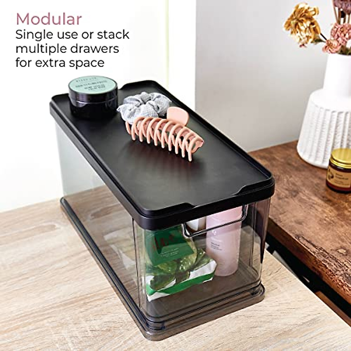 iDesign The Sarah Tanno Collection Medium Stacking Cosmetic Drawer Organizer with Lid and Divider, Smoke/Black