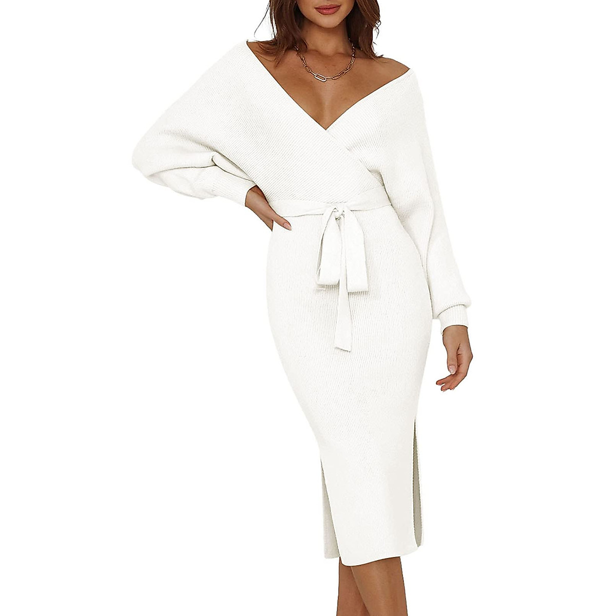 Pink Queen Womens V Neck Sweater Wrap Dresses Batwing Sleeve Elegant Holiday Bodycon Slit Maxi Knit Dress Belted White L