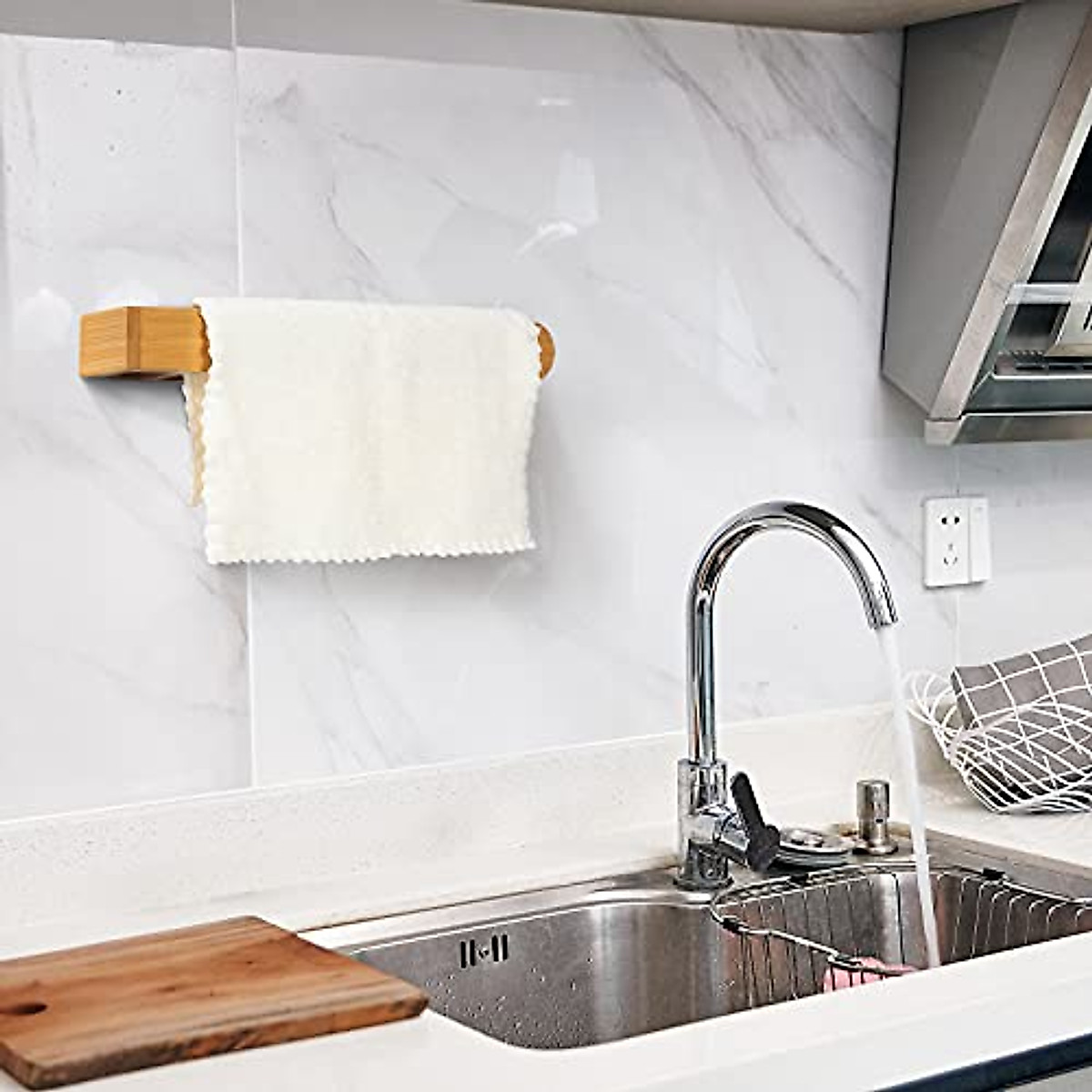 Self Adhesive Bamboo Towel Holder -- No Drilling Hand Towel Ring Strong Hold Self Adhesive Bathroom Towel Bar Bamboo Towel Rack Sticky Towel Hanger for Kitchen Living Room Bedroom