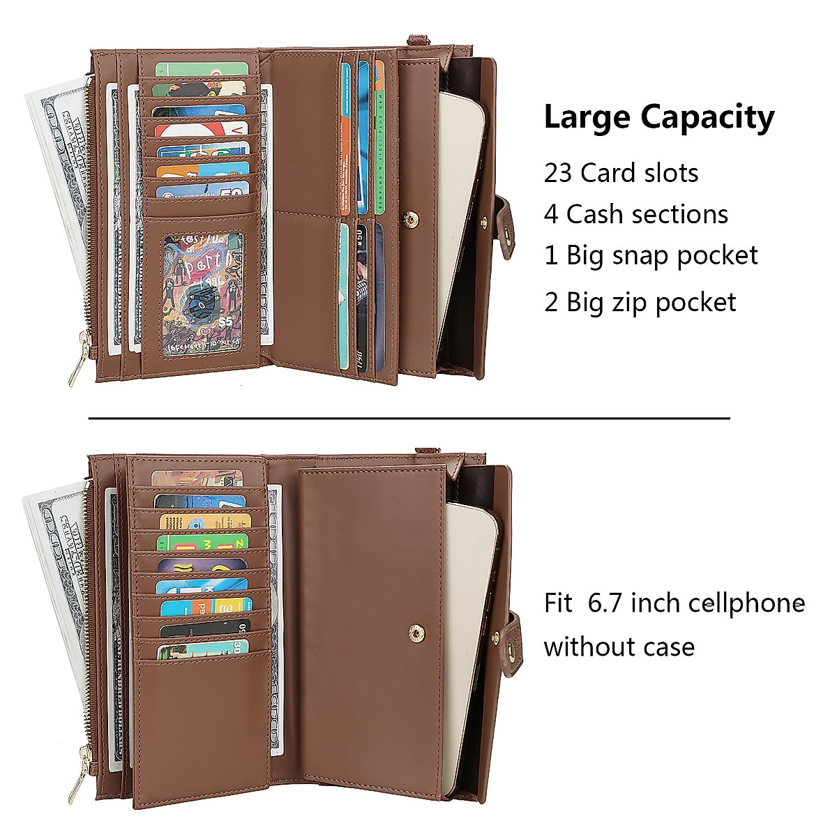 YALUXE Double Zipper Wallets for Women Wristlet Cellphone Purse Card Holder Vegan Leather