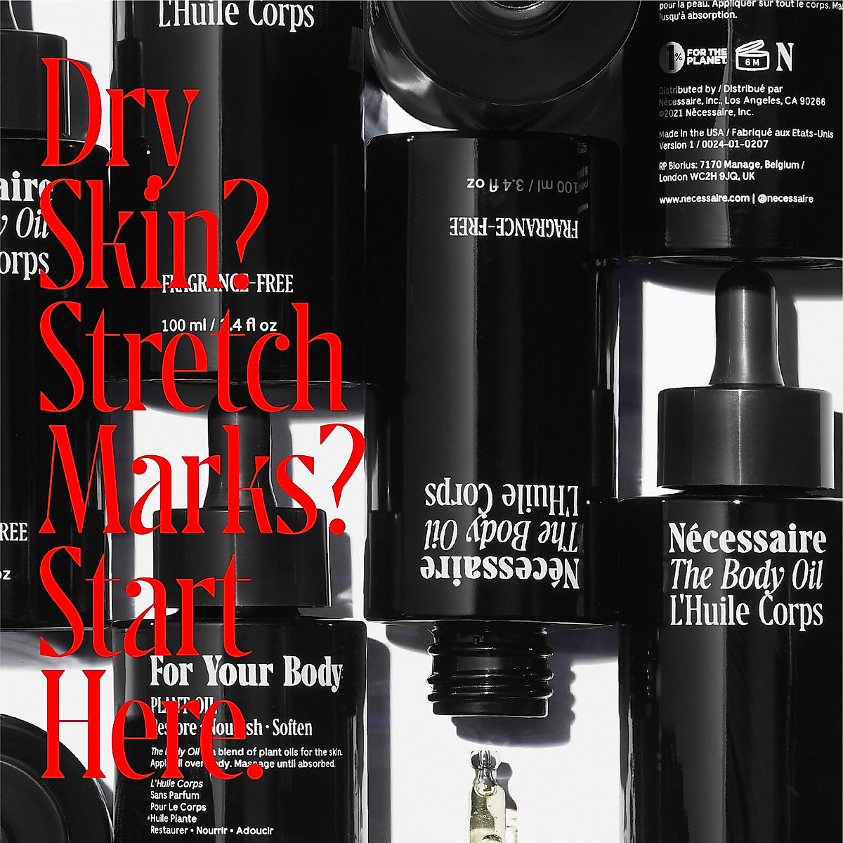 Nécessaire The Body Oil. 100% Organic + Cold-Pressed. Vitamins. Omegas. Minerals. Aged Skin. Dry Skin. Stretch Marks. Hypoallergenic. Dermatologist-Tested. Non-Comedogenic. Fragrance-Free. 3.4 fl oz.