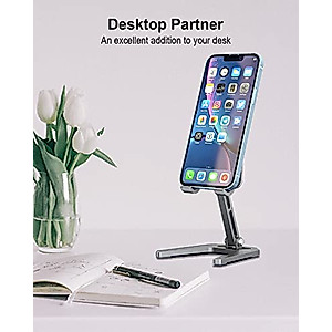 MOYONTE Foldable Cell Phone Stand, Mobile Phone Holder for Desk, Adjustable Desktop Phone Holder, Compatible with iPhone 14 13 Pro Max Mini 12 11 and More 4-10'' Smart Phones/Tablets (Silver)