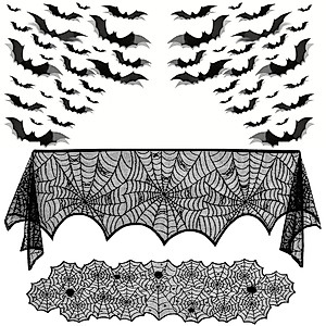 3 Pack Halloween Decorations Sets, Black Lace Spider Webs Table Runner & Halloween Cobweb Fireplace Scarf with 120 pcs 3D Bat for Halloween Indoor Decors Party Supplies