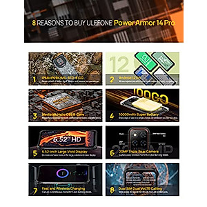 Ulefone Armor 14 Pro 10000mAh Rugged Smartphone, Android 12, 6GB+128GB, Helio G85 Octa-core Waterproof Rugged Phone, 6.52” HD+, 20MP AI Camera, Fast Charging Unlocked Cell Phones, Dual Sim 4G