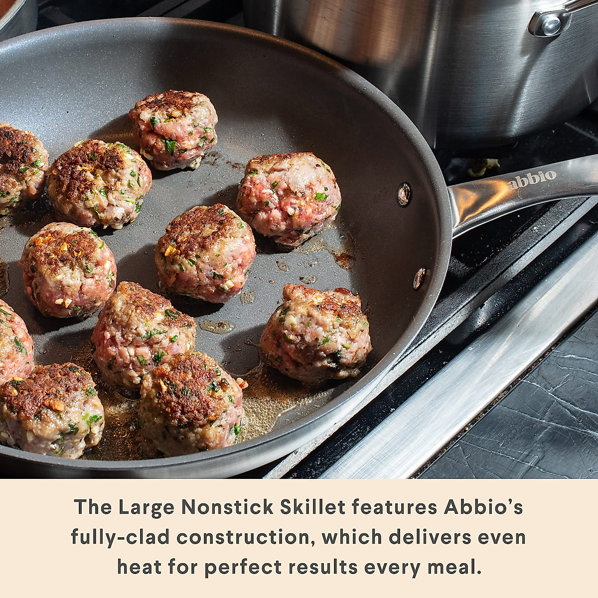 Abbio Large Nonstick Skillet, 11” Diameter, Stainless Steel, Fully Clad Cookware, Induction Ready Frying Pan with Scratch Resistant Non-Stick Coating, Oven & Dishwasher Safe, PFOA Free, Non Toxic