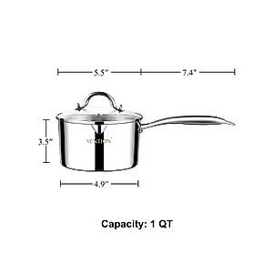 VENTION Tri-Ply Stainless Steel 1 Quart Saucepan with Lid, Bright Small Sauce Pan with Pour Spout, Small Pots for Cooking, Right Hand