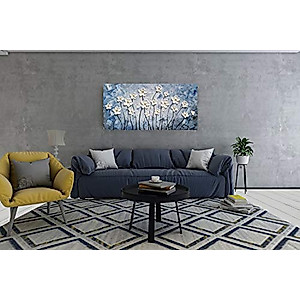 YHSKY ARTS Floral Canvas Wall Art Hand Painted Blue and White Heavy Textured Painting Modern Abstract Flower Pictures Contemporary Artwork for Living Room Bedroom Office Decoration
