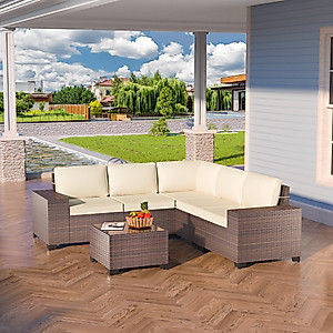 Halmuz 6 Piece Patio Furniture Sets Outdoor Conversation Sofa Set, All-Weather High Back PE Rattan Wicker Sectional Furniture Patio Sofa w/Tempered Glass Top Table&Thickened Cushions(Cream)