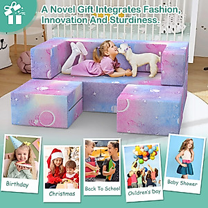 BIERUM Kids Couch, 6PCS Modular Kids Play Couch with Blanket, Kids Sofa Couch with Glow Effects for Playroom & Indoor, Convertible Toddler Couch for Girls and Boys