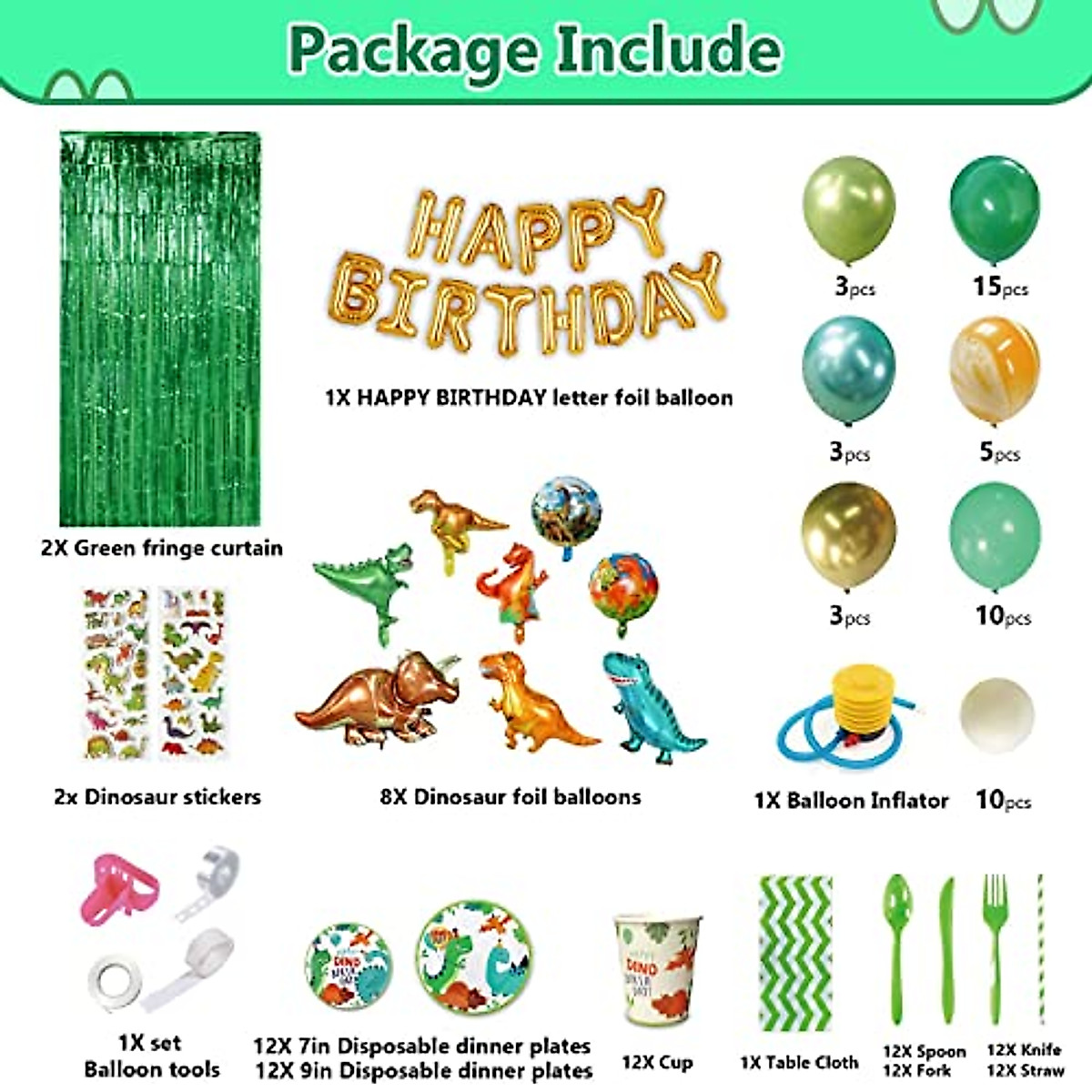 Party Spot! Dinosaur Birthday Party Supplies, Dinosaur Party Decorations 150 Pcs-Dinosaur Balloon, Fringe Curtain, Sticker, Plate, Balloon Inflator For 12 Guest