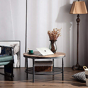 Bonnlo Circle Coffee Table, 31.5" Small Round Coffee Table Industrial Coffee Table Round Farmhouse Coffee Table in 2-Tier, Coffee Table with Storage Wire Coffee Table Lobby Coffee Table, Rustic