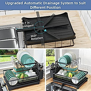 Xdsirone Dish Drying Rack, Dish Rack for Kitchen Counter, 2-Tier Dish Drainer with Glass Holder and Utensil Holder, Stainless Steel Dish Drying Rack with Drainboard. (Black)