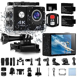 HiDectee Action Camera 4K 30FPS Sports Camera, 170° Wide-Angle 30M Waterproof Underwater Camera with 2.4G Remote Control, Built-in WiFi, 2 Batteries, 32G SD Card and Helmet Mount Accessories Kits