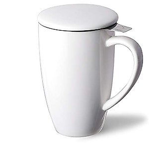 Sweejar Porcelain Tea Mug with Infuser and Lid,Teaware with Filter, Loose Leaf Tea Cup Steeper Maker, 16 Fl Oz for Tea/Coffee/Milk/Women/Office/Home/Gift (White)