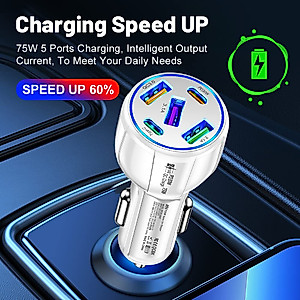 75W Ultra-Fast Car Charger, 30W/QC3.0/Type C 5-Port Smart Shunt 12 Volt Car Adapter Cigarette Lighter USB Charger Compatible with iPhone 14 Pro MAX/13,MacBook Pro,iPad Pro (3USB+2PD White)