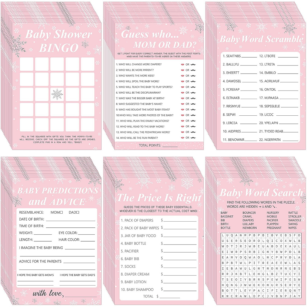 Harloon 302 Pcs Winter Snowflake Baby Shower Games, 6 Games, 50 Sheets Each, Baby Shower Bingo, Word Scramble, Word Search, Baby Predictions and Advice, The Price is Right, Guess Who (Pink)