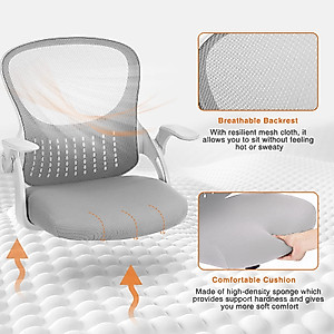 Office Chair Ergonomic Home Office Desk Chairs, Breathable Mesh Back Lumbar Support Computer Chair, Adjustable Height Swivel Task Chair with Flip-up Arms & Wheels, Grey