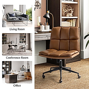 HULALA HOME Modern Faux Leather Home Office Chair with Tilt Lock & Metal Base, Armless Criss Cross Legged Desk Chair with Wheels & Padded Cushion, 360° Swivel Wide Seat Computer Task Chair, Camel