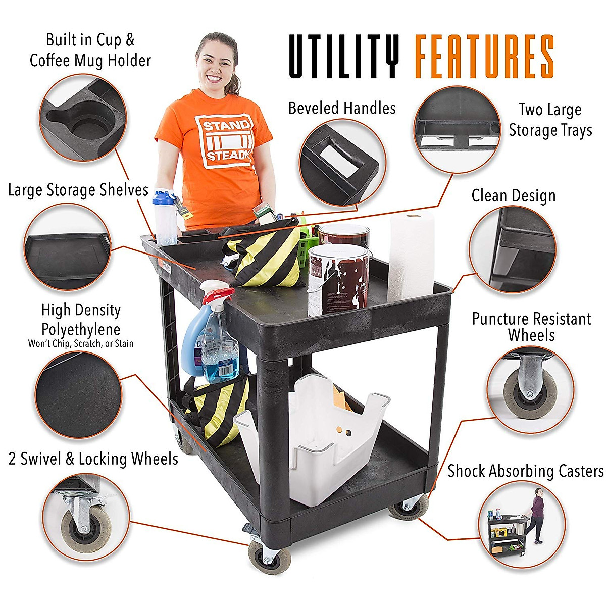 Stand Steady Original Tubstr XL Outdoor Cart with Heavy Duty Wheels - Two Shelf Utility Cart Supports up to 500 lbs, Tub Carts with Deep Shelves and Shock Absorbent Wheels (Black, 45.5in x 24.5in)