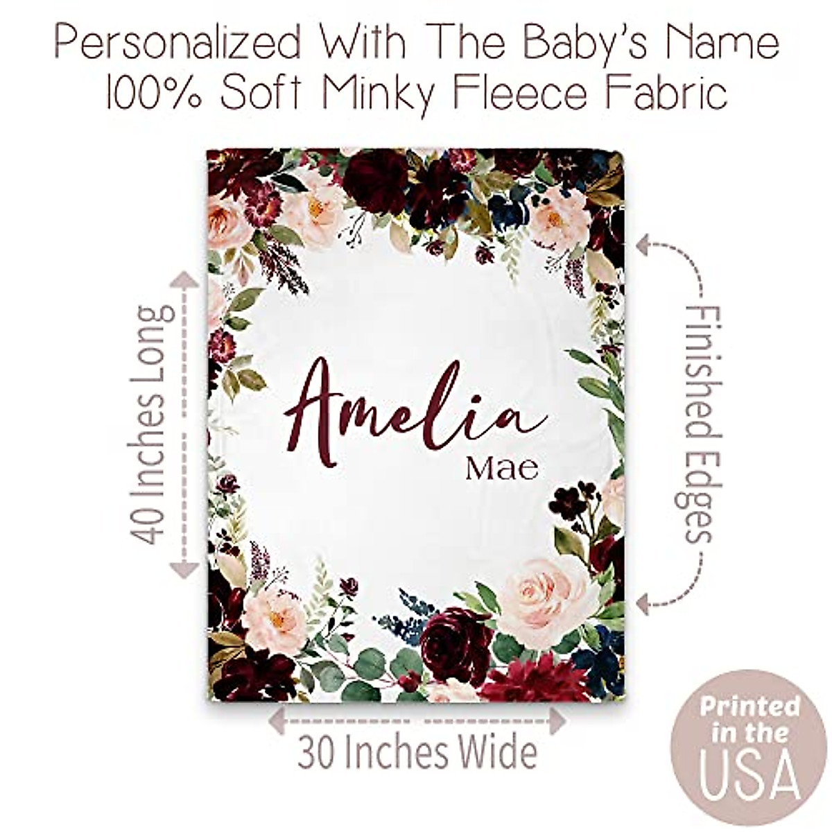 Girls Love A Monogram - Maroon and Navy Floral Baby Blankets for Girls - Custom Baby Blankets for Girls