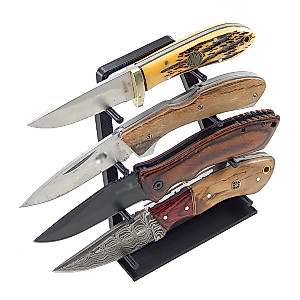 Black Knife Display Stand Rack Holder Organizer For 4 Medium To Large Pocket Or Fixed Blade Knives - Holds Four Blades - Wall Mount Or Sit On Flat Surface