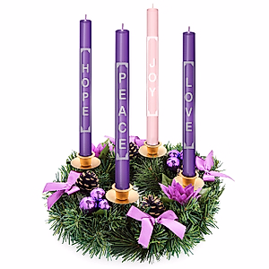 Advent Candles with Words Love, Peace, Hope, Joy On The Candles - Christmas Advent Candle Set of 4 for Advent Rings and Advent Wreaths- Premium Hand Made - Self Fitting End - for Church Advent Wreath