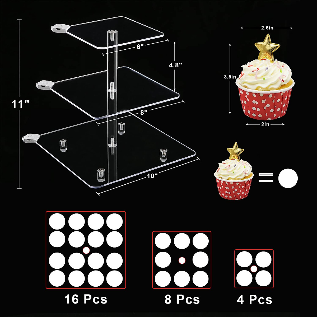 2 Set - 3 Tiers LED Acrylic Cupcake Stand, Rechargeable Clear Dessert Display Stand Cupcake Tower for Christmas, Weddings, Anniversaries, Baby Showers, Birthday Parties