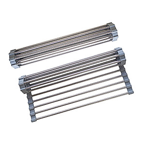 Roll Up Dish Drying Rack 14.5”(L) x 14”(W) Stainless Steel and Silicone Dish Drying Mat Over The Kitchen Sink Foldable Drain Rack Multipurpose Dish Drainer Fruits and Vegetable Rinser (Gray)