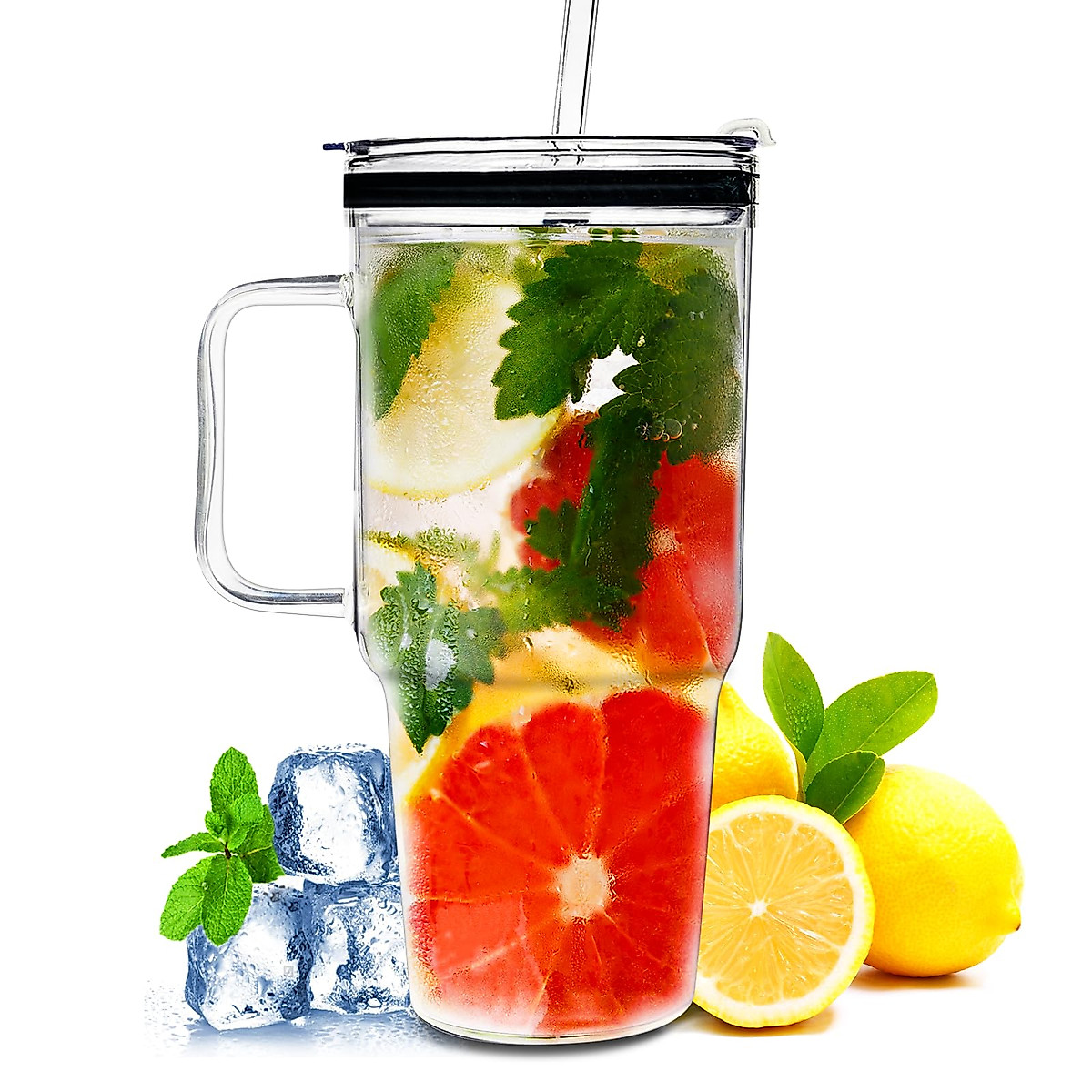 ONEHAUS Glass Tumbler with Lid and Straws, 40oz Glass Cup with Handle, Glass Water Cup,Beer Cup, Ice Coffee Cup, Fits In Cup Holder