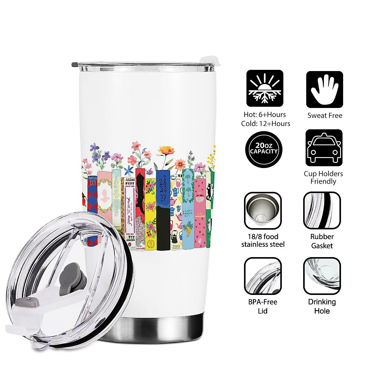 Stainless Steel Tumbler, Coffee Mug with Lid, 20 oz Thermal Cup Insulated Water Glasses, Book Accessories for Book Lovers, Librarian Gifts for Women Girls Bookworm