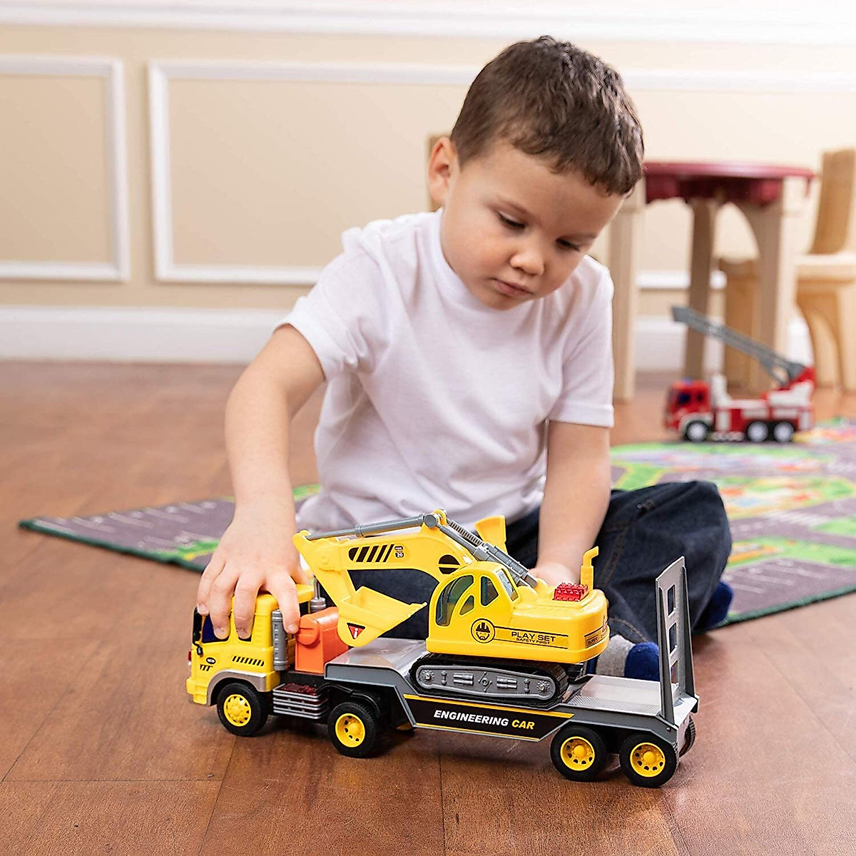 TOYTHRILL Tow Truck with Excavator Toy for Boys 2+ Year Old, Construction Truck Toy with Excavator, Semi Truck with Lights and Sounds, Flatbed Truck Toy Push and Go Construction Vehicle for Kids