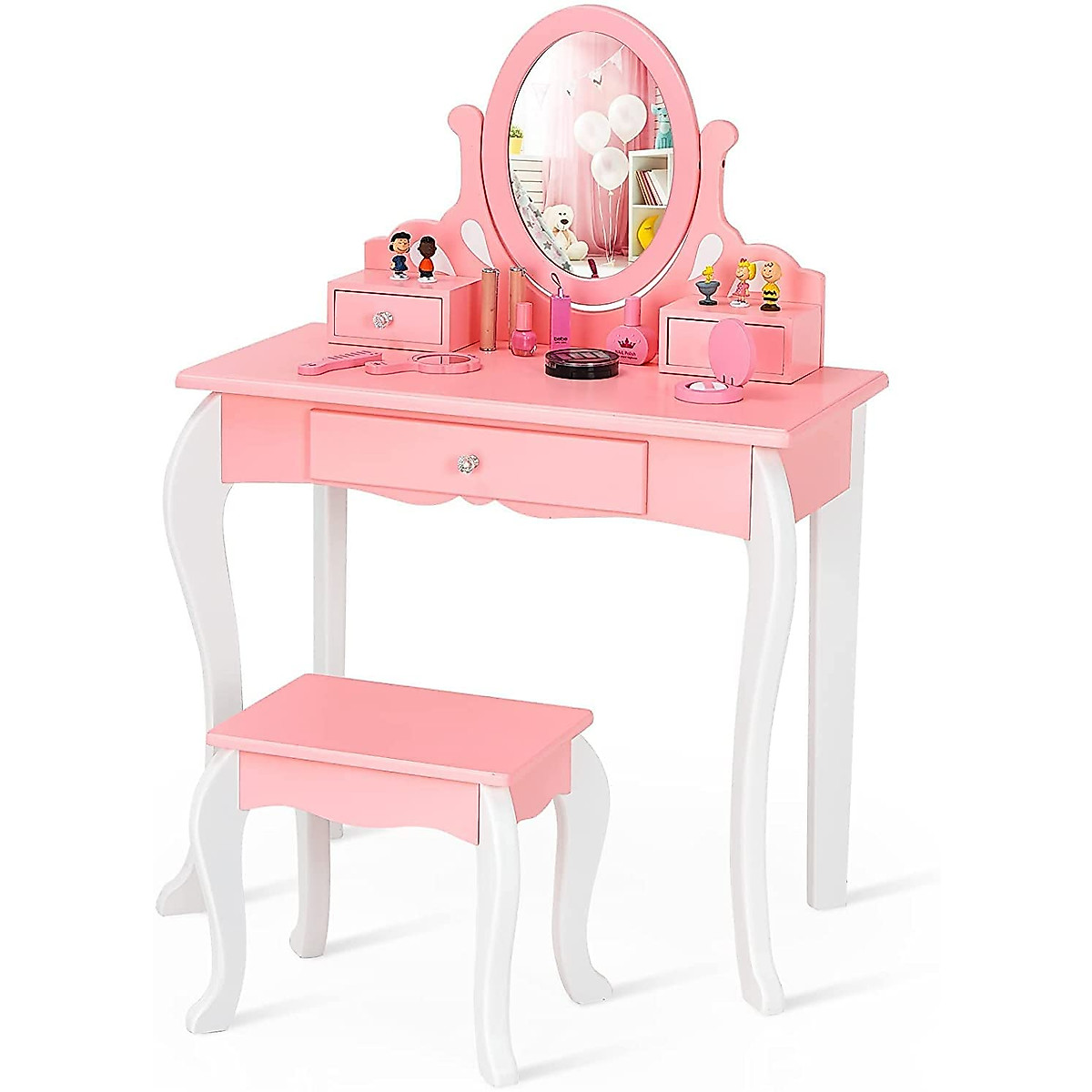 HONEY JOY Kids Vanity and Stool Set, Toddlers Pretend Play Vanity Set with 3 Drawers, 360° Rotating Oval Mirror, Wooden Girls Makeup Dressing Table for Bedroom Playroom, Gift for Little Girls (Pink)