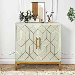 ARTPOWER Accent Cabinet with Doors, Modern Wooden Sideboard, Carved Decorative Storage Cabinets for Bedroom, Living Room, Kitchen, Office, and Hallway, Green with Gold Legs