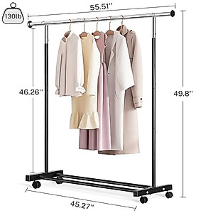 VICERII Clothing Rack, 55.51 Inch Garment Rack with Wheels and Bottom Shelf, 130LB Capacity Heavy Duty Rolling Clothes Racks for Hanging Clothes, Coats, Shirts, Sweaters, Skirts, Dress, Black