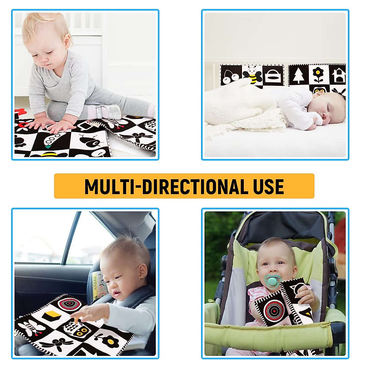 Tummy Time Play Mat, High Contrast Baby Toys,Black and White Activity Mat with Teether for Babies 0+ Months,0+Months Infant Early Educational Crinkle Toys,Baby Boy Sensory Learning Toys - Pack of 3