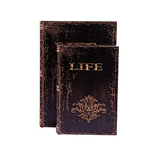 WaaHome Faux Book Box Antique Wooden Leather Jewelry Keepsake Boxes Set with Floral Decoration,Set of 2
