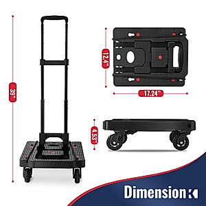 KOSTANZO Folding Hand Truck - Lightweight Dolly Cart with 4 Wheels & 2 Elastic Straps, Collapsible Luggage Cart with Adjustable Handle of 3 Levels for Traveling, Offices, Shopping (15.8" x 12.6")