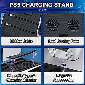 Black PS5 Stand with Cooling Fan and Dual Controller Charger Station, Charging Dock Holder PS5 Accessories Vertical Digital Stand Base for Playstation 5 Console/Disc/Digital Editions
