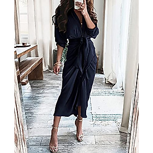 BTFBM Women 2023 Long Sleeve Lapel V Neck Button Down Satin Dress Belted Elegant Ruched Summer Fall Maxi Shirt Dresses(Solid Navy, Large)