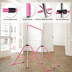 YEEGO DIRECT Gymnastics Bar with Rings, Gymnastics Bar for Kids Ages 3-12, Foldable Gymnastics Bar, Kids Gymnastics Bar Expandable for Home Training Kids Gifts for Grils Boys（Pink）