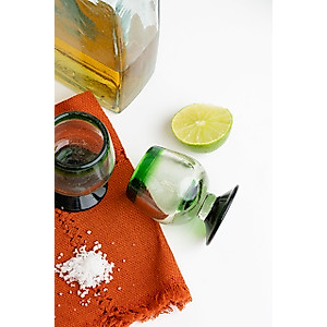 MEXTEQUIL - Authentic Mexican Tequila Hand Blown Shot Glasses - Set of 4-2 oz - Mini Glass Snifters - Heavy Base - Cognac (Green Rim)