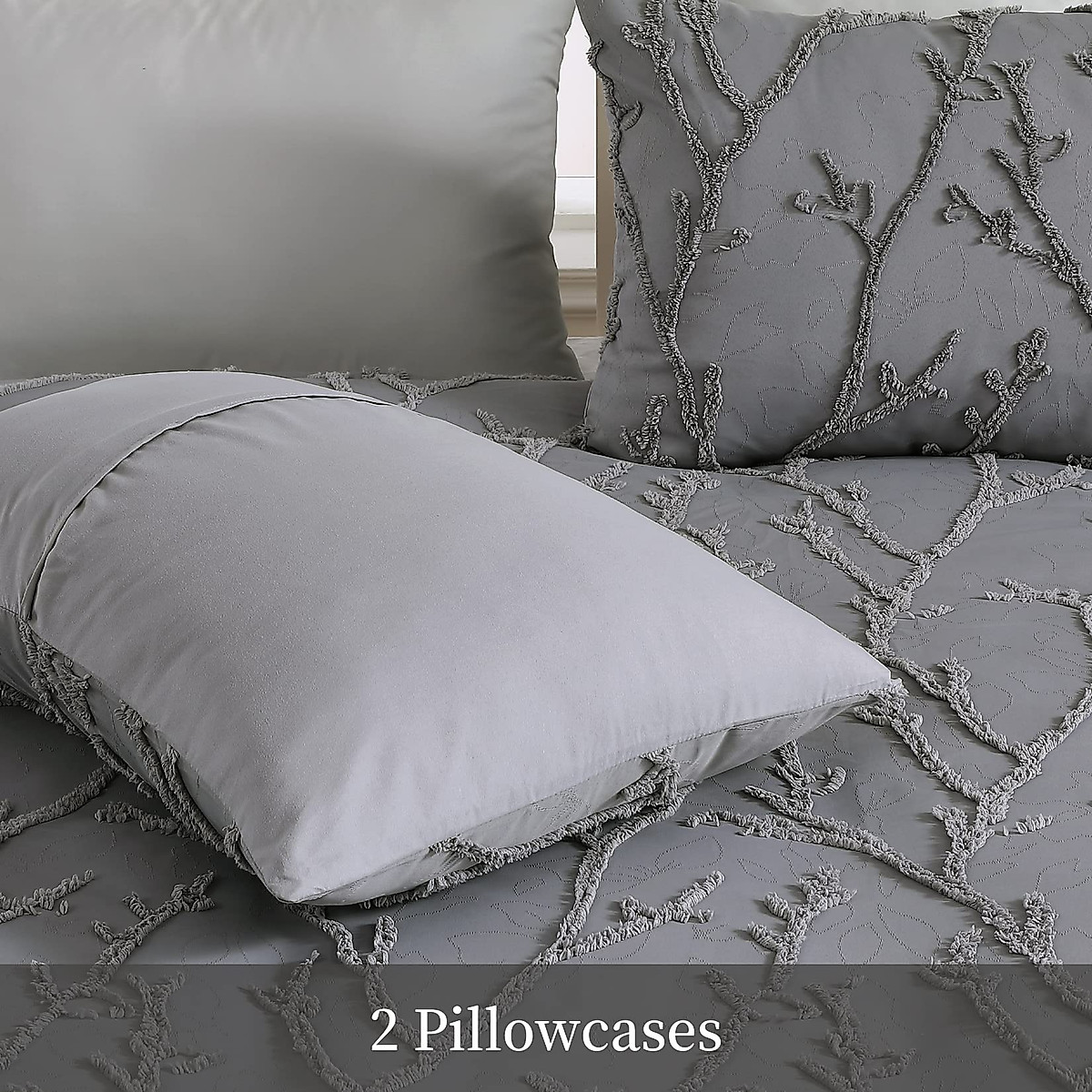 GlowSol Grey Duvet Covet Set Branches Jacquard Tufted Pattern, 3 Pieces Bedding Set Super Soft Embroidery Shabby Chic Bedding Duvet Cover, 90"×90" + 20"×26"×2