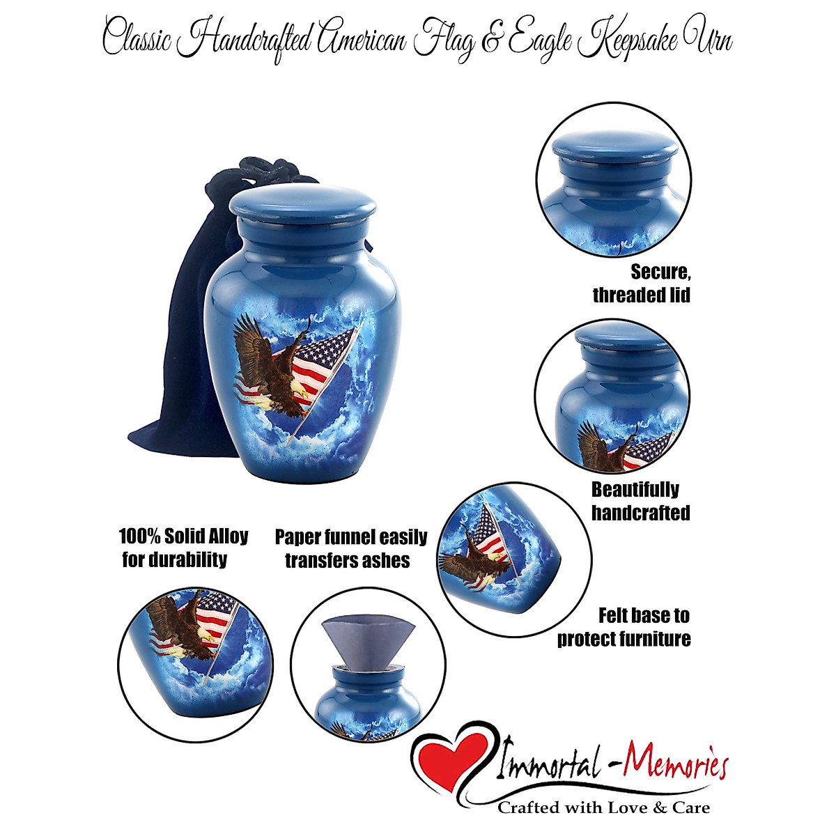 American Glory Keepsake Urn - American Flag with Eagle Mini Urn for Ashes - Token Urn - Patriotic Mini Jar - American Flag Soaring Eagle Sharing Urn with Premium Case & Velvet Bag (Keepsake)