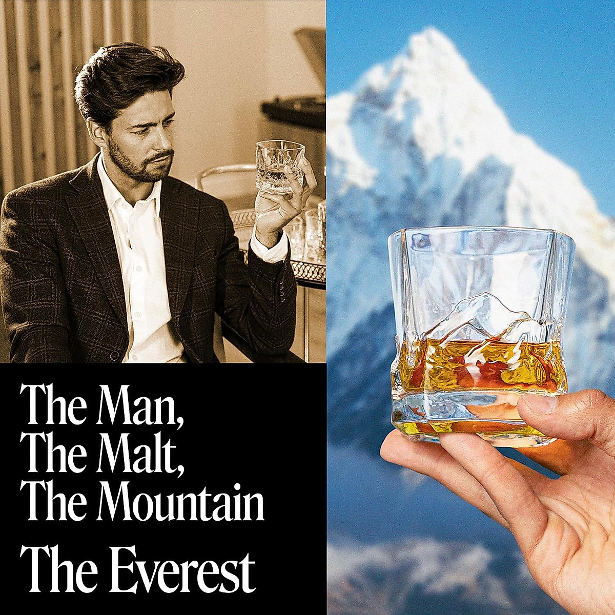 EdelweissPeak Unique Everest Bourbon Glasses Set of 4 in Gift Box - Mountains Theme - Heavy Freezable 8 OZ Old Fashioned Whiskey Glasses Set of 4 - Scotch Glass Set 4 - Whiskey Gifts for Men