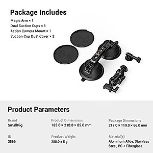 SmallRig Camera Suction Cup Mount, Mount for GoPro, on Car Window, Windshield, for Sony DSLR, Lightweight Camera, Vehicle Shooting,Vlogging, Mobile Phone, Action Camera with Action Camera Mount - 3566