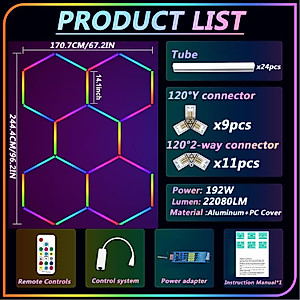 lylunnamsp Hexagon Garage Lights Ceiling LED, Honeycomb Lights, RGB Hexagon Garage Light with Remote, 6500K, Aluminum Hexagonal Shop Lights for Gaming Room Bar Party Live Room,Multi Colored,5 HEX
