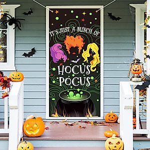 Whaline Halloween Hocus Pocus Door Cover Halloween Witch Hanging Banner Decor Scary Party Photo Background for Halloween Horror Birthday Party Home Door Wall Window Decoration Supplies