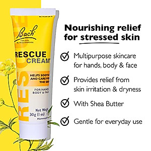 Bach RESCUE Cream, Hydrating Skincare for Hands, Body and Face, Shea Butter, Homeopathic Stress Relief Flower Essences, Fragrance-Free, Paraben-Free, 30g